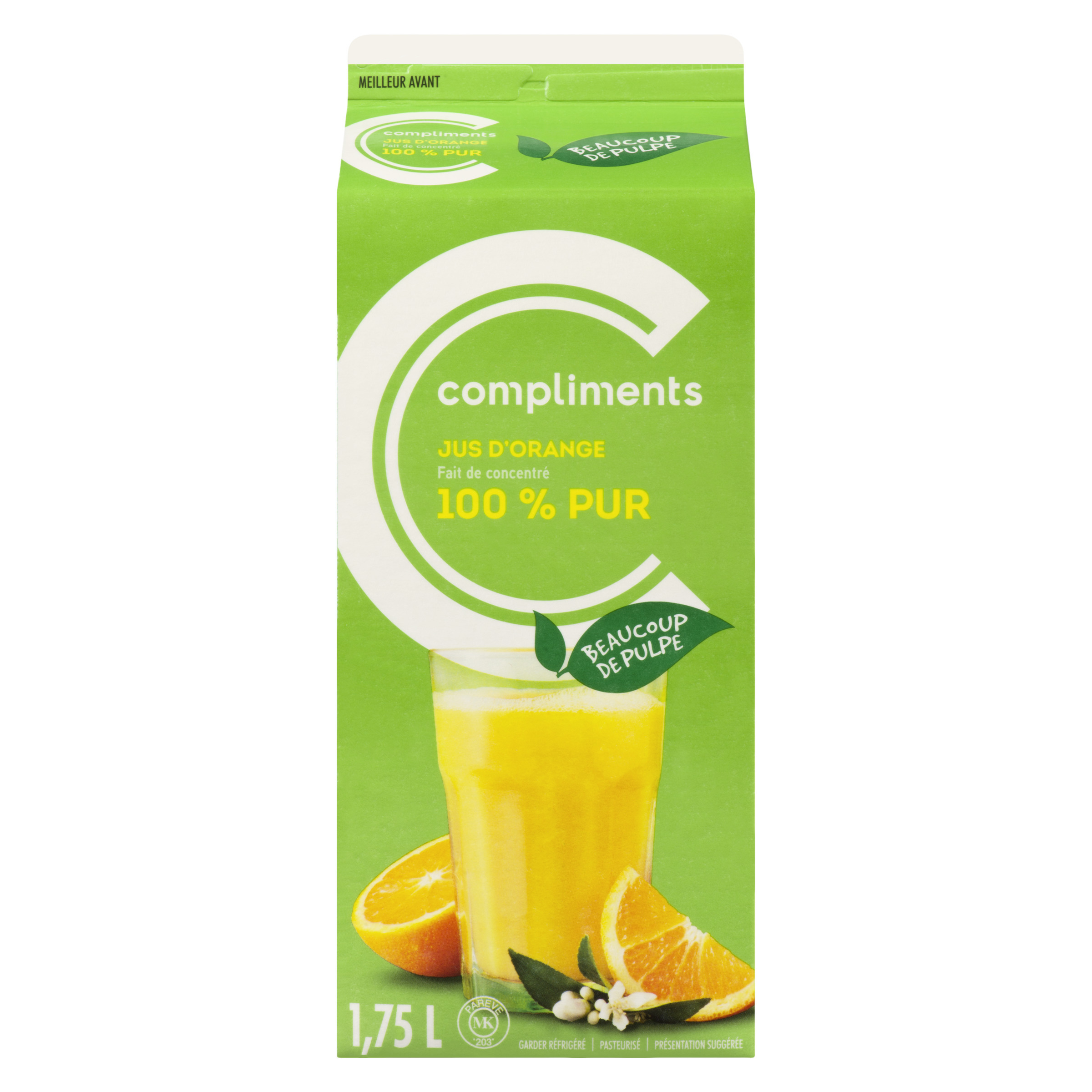 Jus d’orange 100 % pur avec beaucoup de pulpe, 1,75 l | Compliments.ca