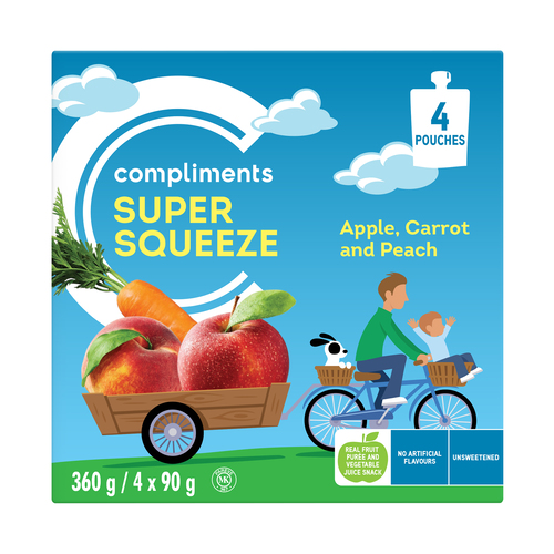 Super Squeeze Snack Pouch Apple, Carrot & Peach 4 x 90 g | Compliments.ca