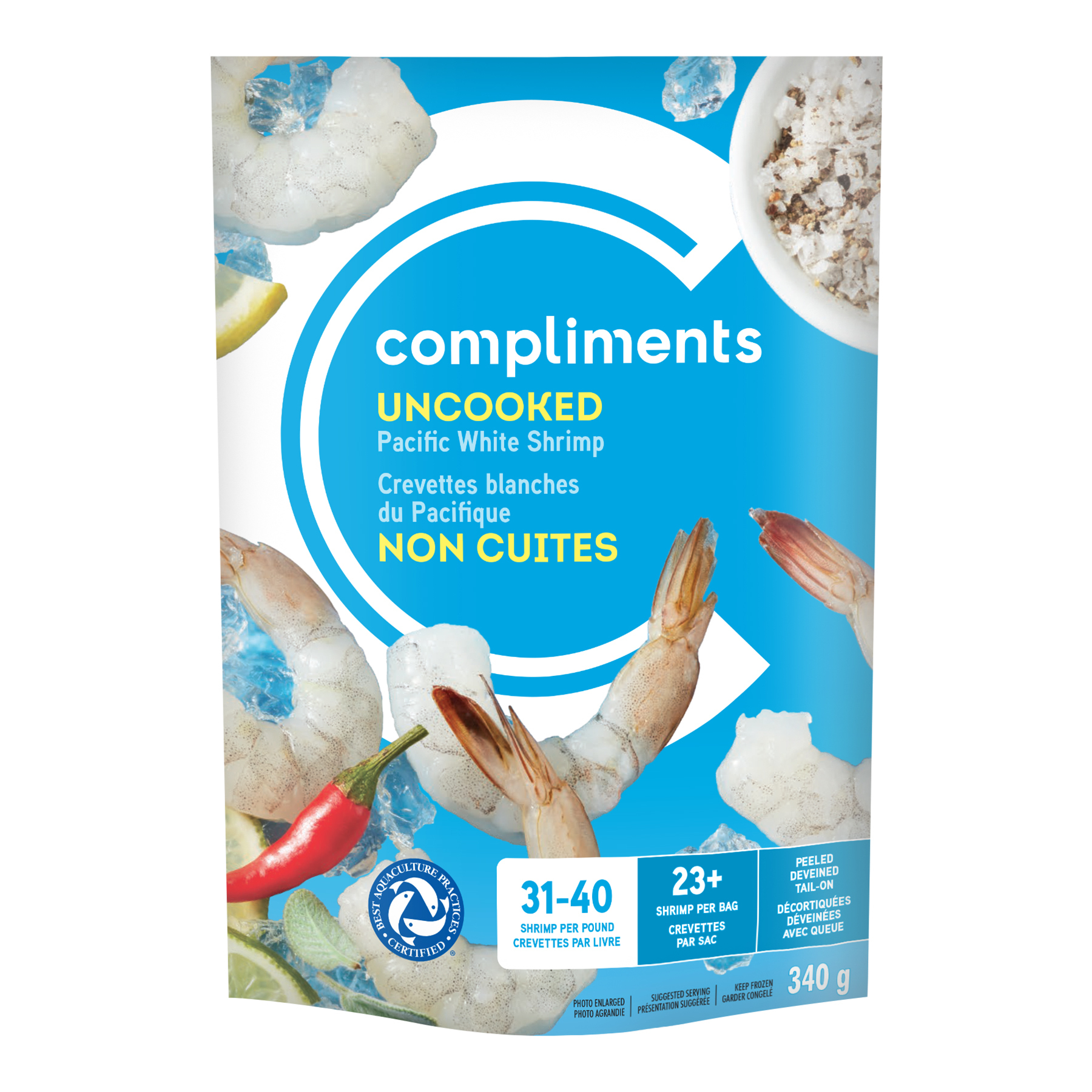 Uncooked Peeled Deveined Shrimp 31/40 Count 340 g | Compliments.ca
